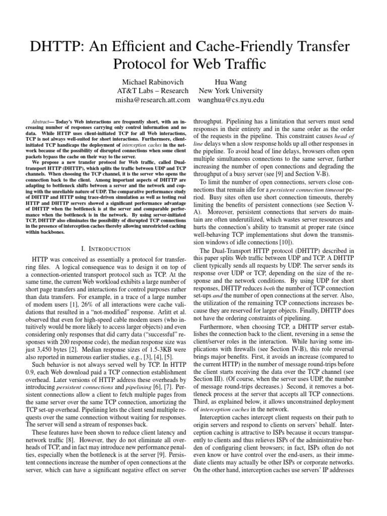 DHTTP: An Efficient and Cache-Friendly Transfer Protocol For Web Traffic | PDF | Transmission ...