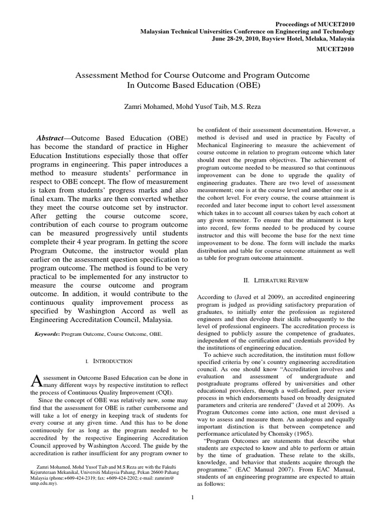 Assessment Method For Course Outcome and Program Outcome in Outcome ...
