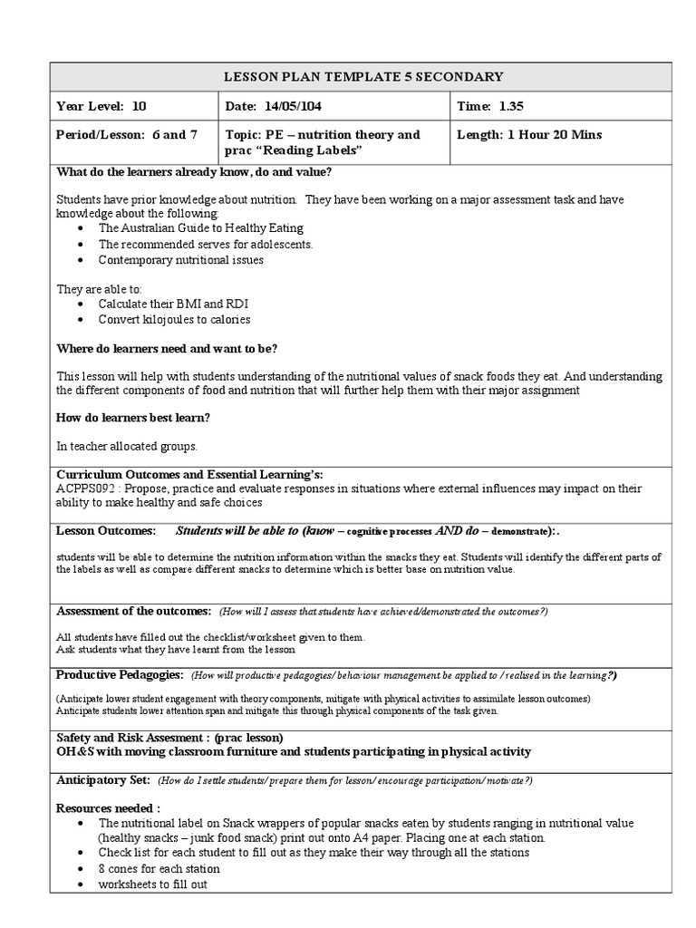 Year 10 Nutrition Label Lesson | PDF | Lesson Plan | Educational Assessment