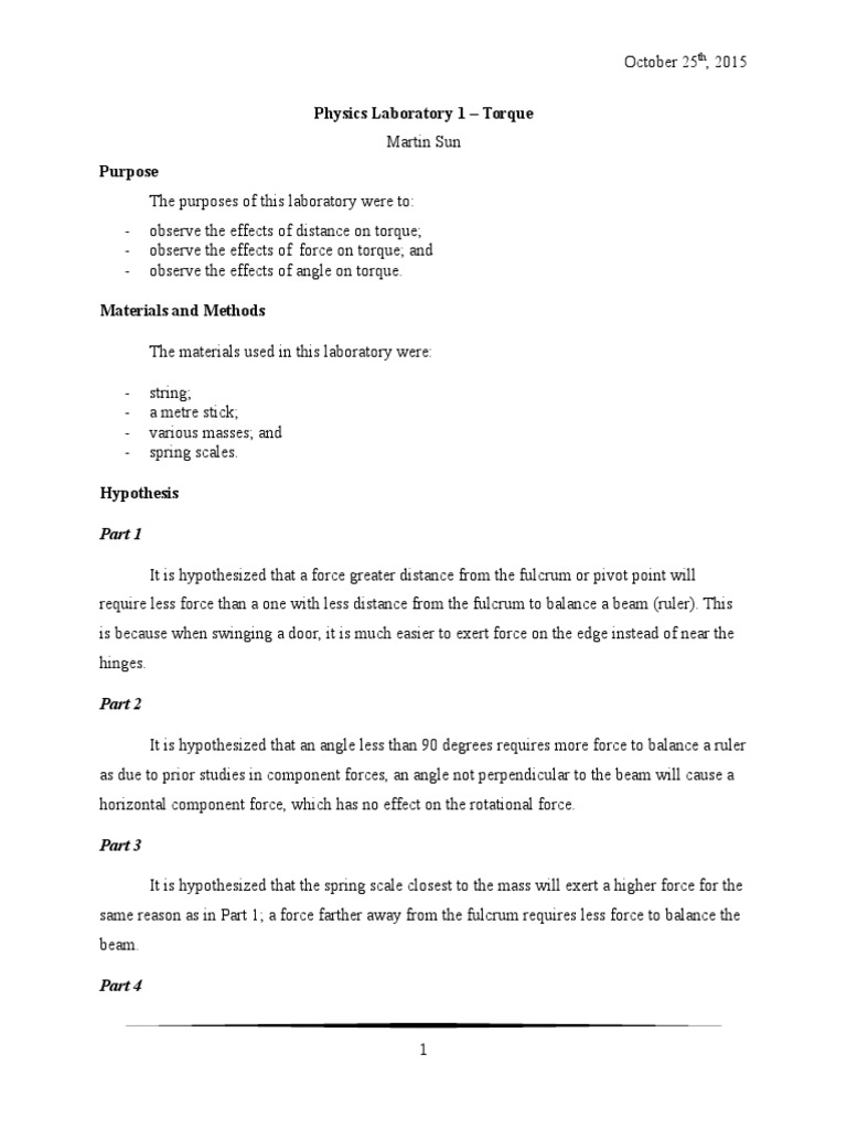 Physics Laboratory 1 | PDF | Torque | Lever