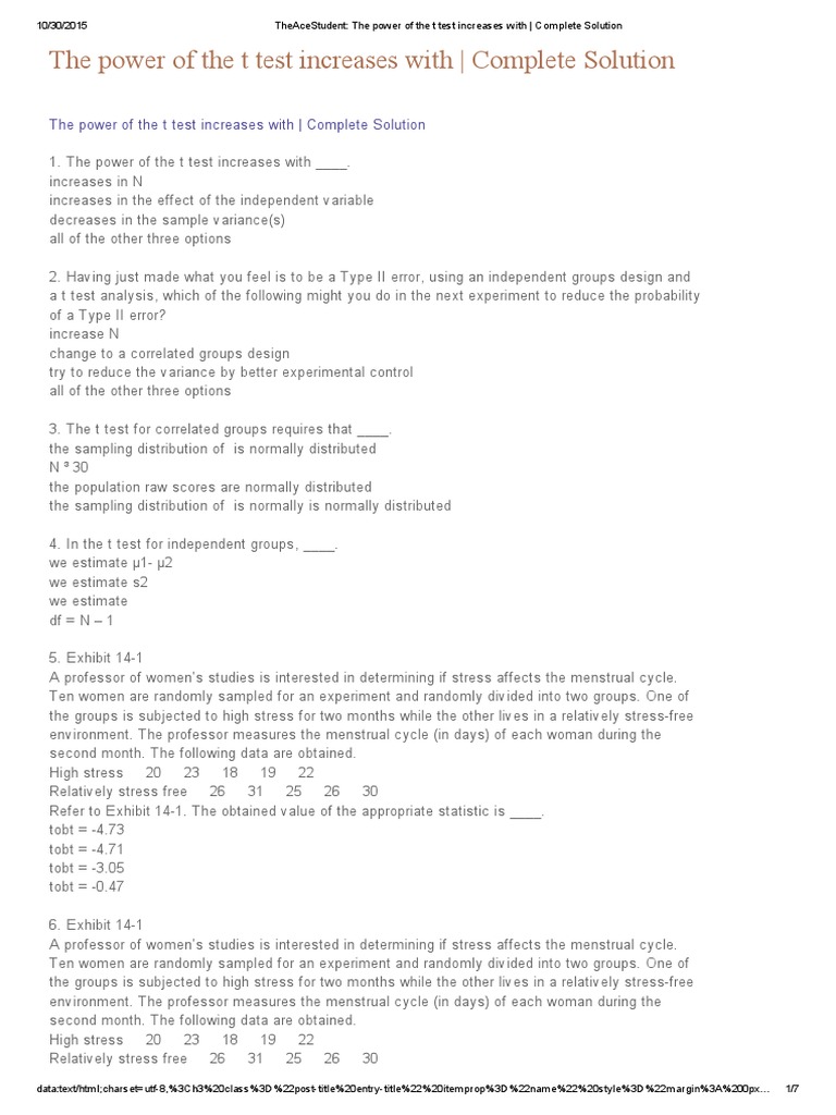 The Power of The T Test Increases With - Complete Solution | PDF ...