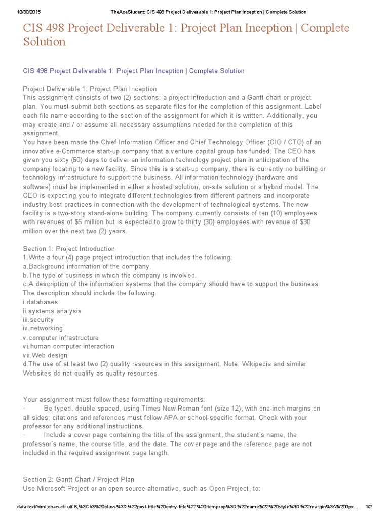 CIS 498 Project Deliverable 1 - Project Plan Inception - Complete ...