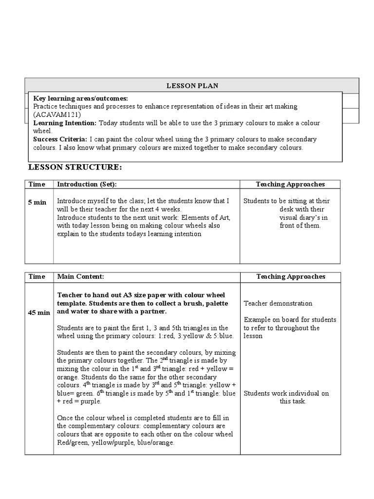 Colour Wheel Lesson Plan | PDF | Color | Lesson Plan