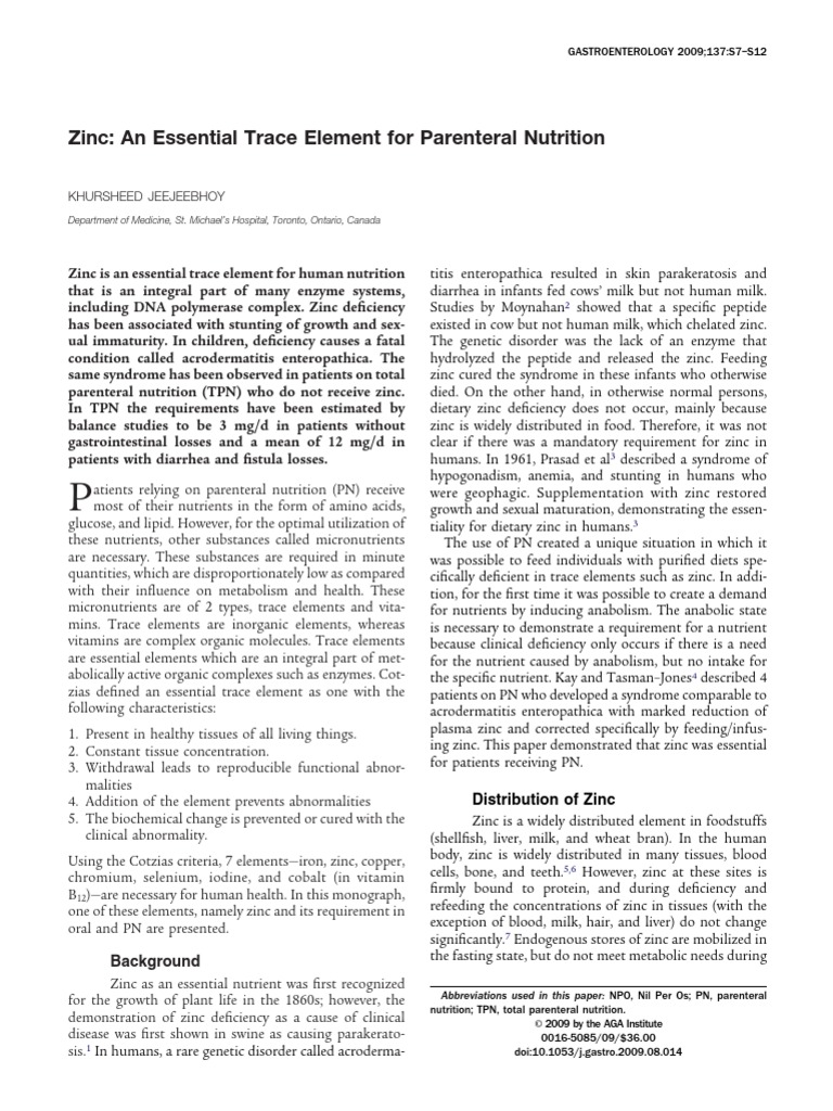 Zinc: An Essential Trace Element For Parenteral Nutrition: Khursheed ...