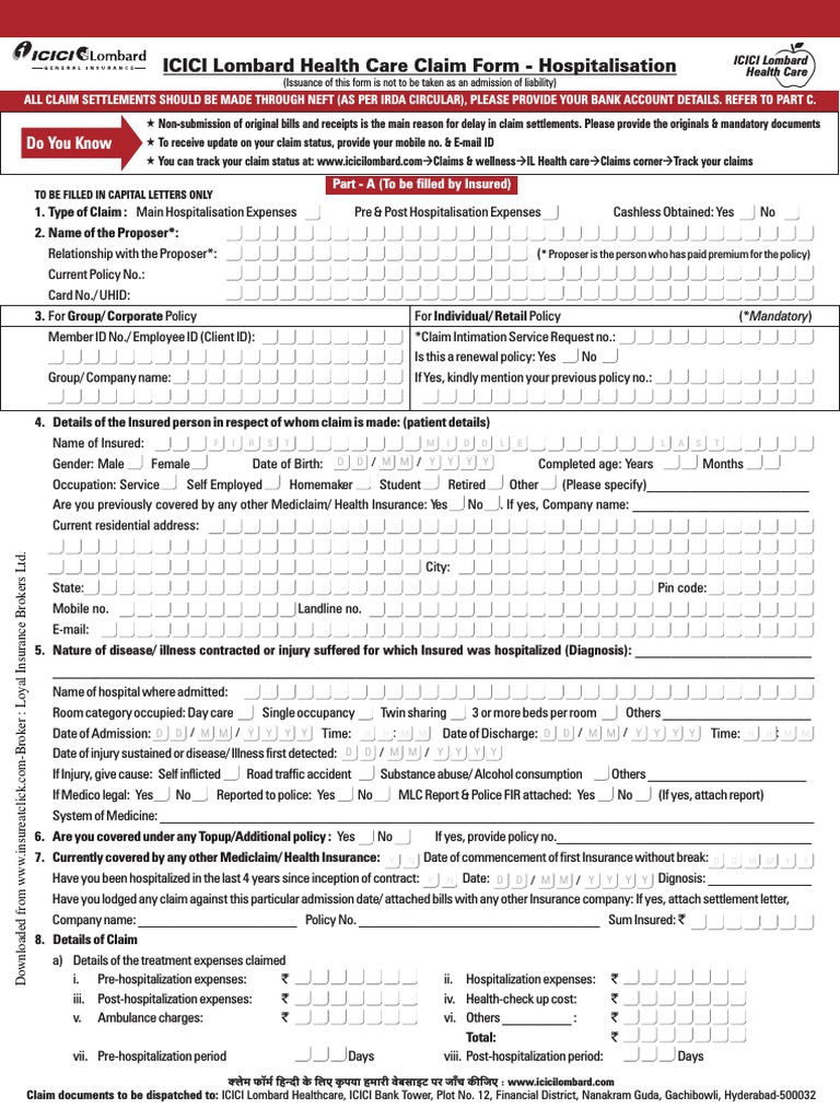 Icici Lombard Health Care Insurance Claim Form | PDF | Identity ...