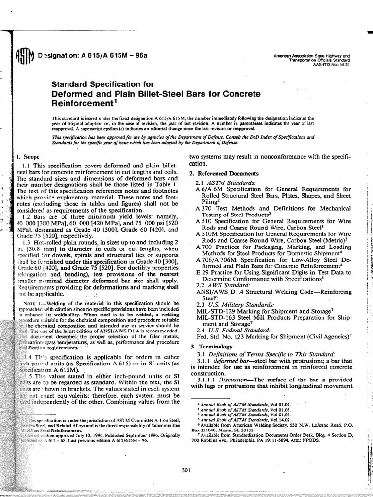 ASTM A615 - 96 Deformed and Plain Billet Steel Bars For Concrete ...