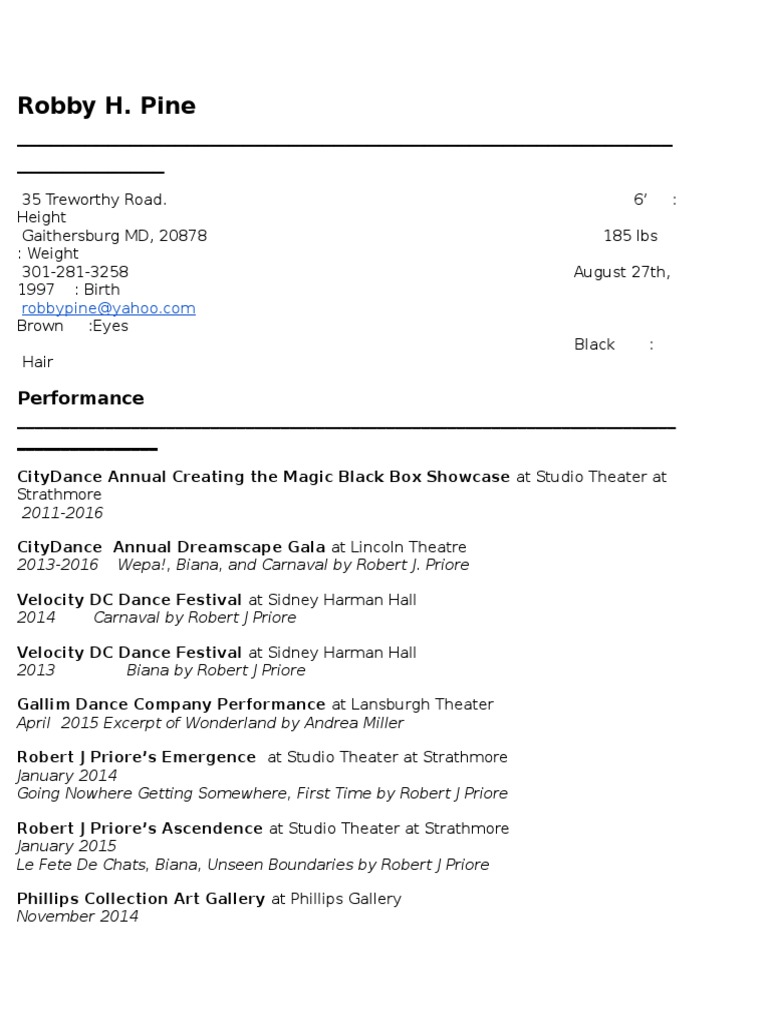 Robby H. Pine: Dance Performance Resume | PDF