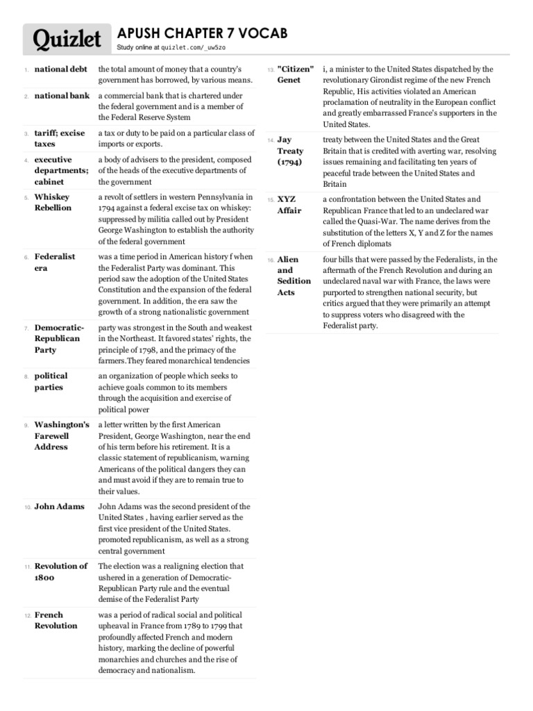 Apush Chapter 7 Vocab | PDF | Federalist Party | John Adams