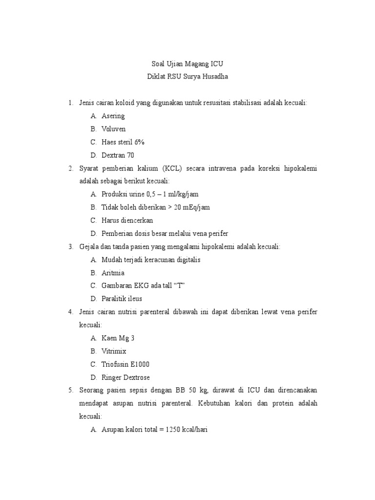 Soal Ujian Magang ICU | PDF