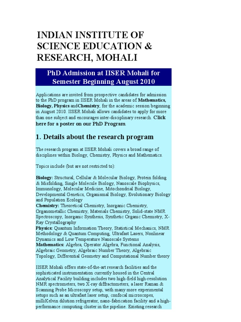 Indian Institute of Science Education & Research, Mohali | PDF ...