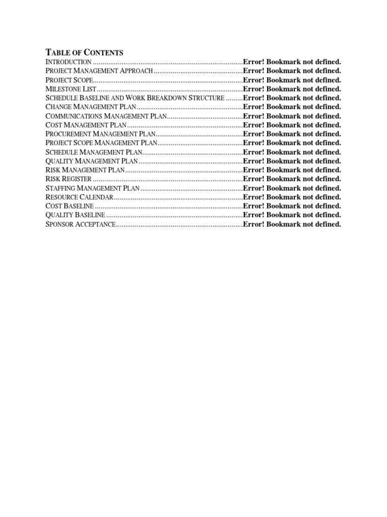 Table of Contents Project Management Plan | PDF | Finance & Money ...