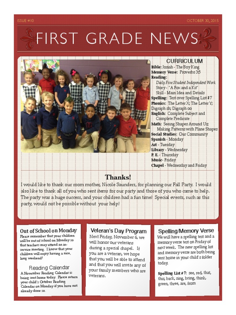 First Grade Newsletter - October 2015 | PDF | Language Arts ...