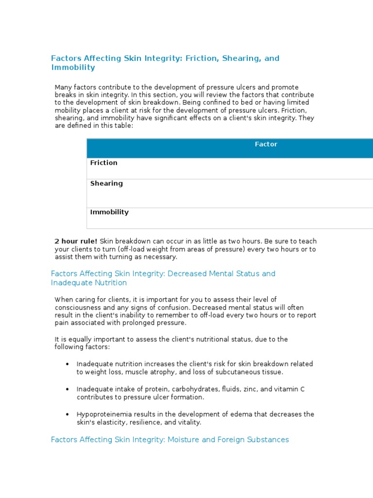 Factors Influencing Skin Integrity | PDF | Wound | Clinical Medicine