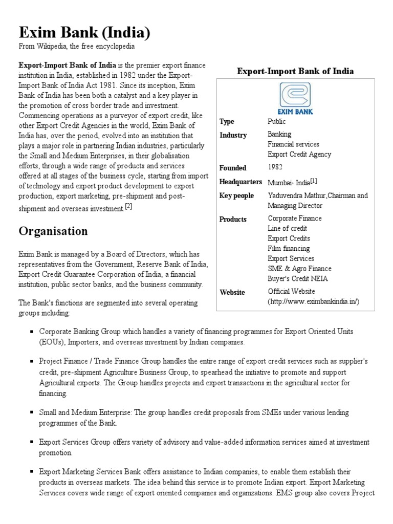 Exim Bank (India) - Wikipedia, The Free Encyclopedia | PDF | Banks ...
