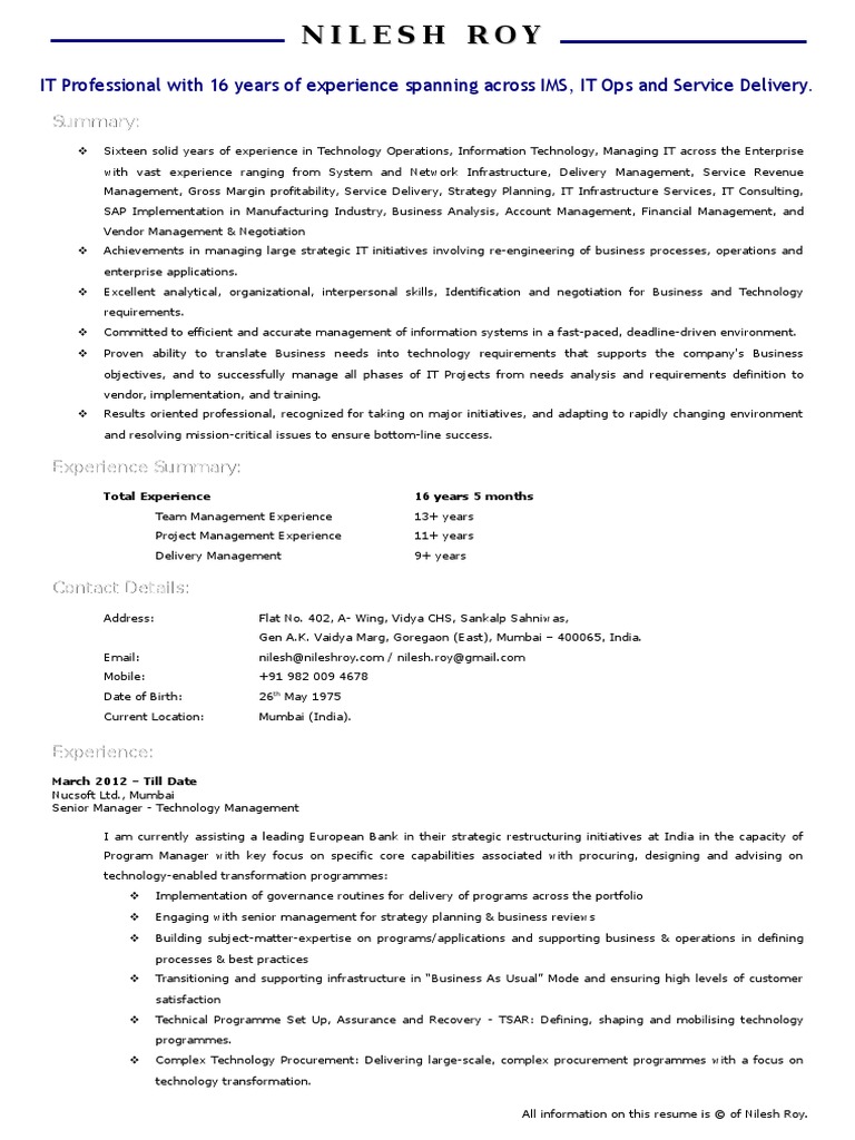 Nilesh Roy Resume v5 | PDF | Help Desk | Information Technology Management