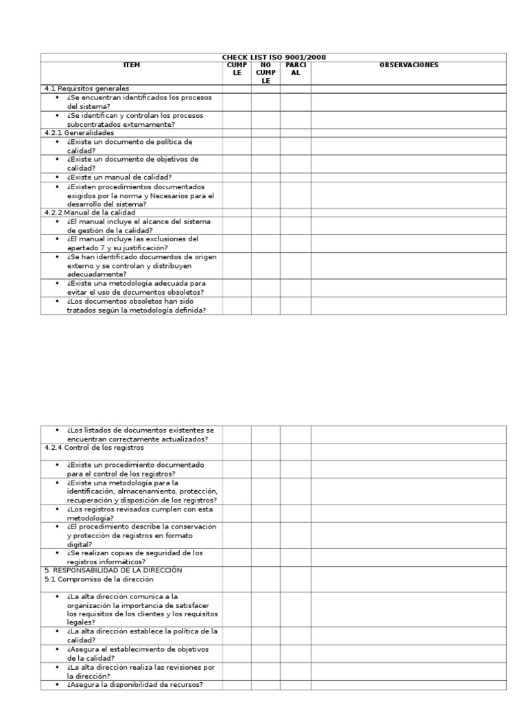 Check List Iso 9001 | Gestión de la calidad | Calidad (comercial)