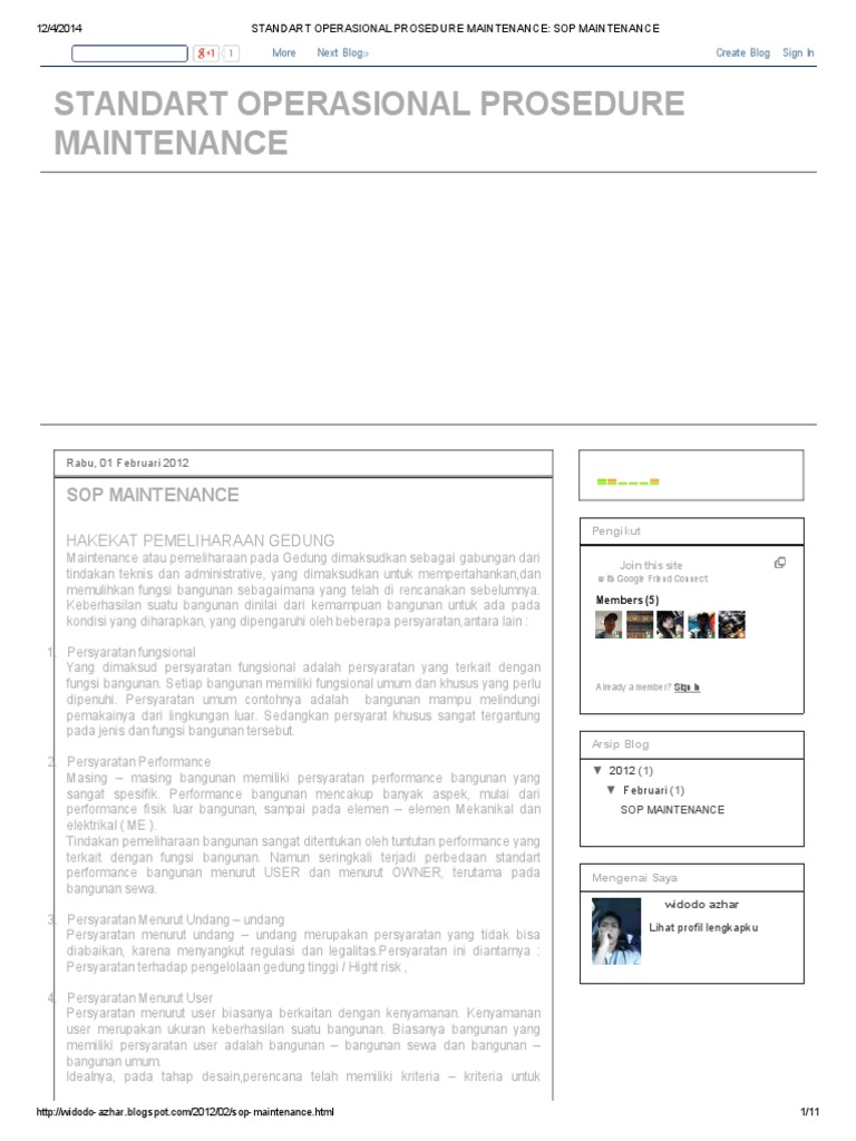 Standart Operasional Prosedure Maintenance - Sop Maintenance | PDF