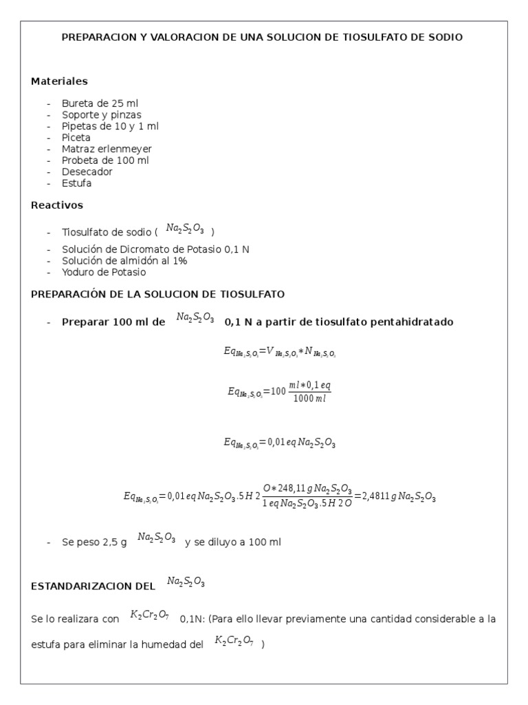 Preparacion y Valoracion de Una Solucion de Tiosulfato de Sodio | PDF