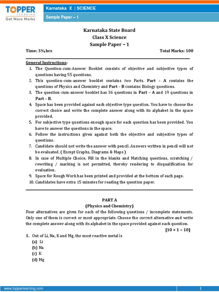 KARNATAKA-Science Sample Paper-1-Class 10 Question Paper | PDF | Gases ...