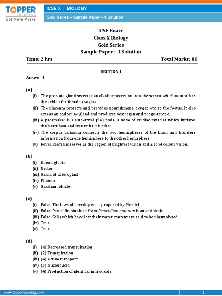 ICSE Class 10 Biology Sample Paper Solutions | PDF | Osmosis | Adrenal ...