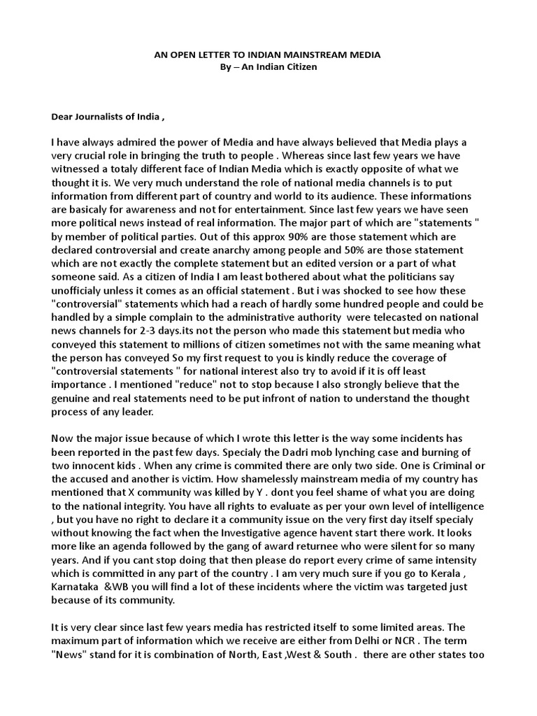 Open Letter To Indian Media | PDF | News | Public Sphere