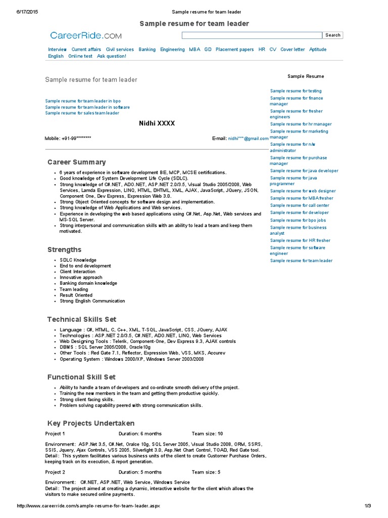 Sample Resume For Team Leader | PDF | Ajax (Programming) | Résumé
