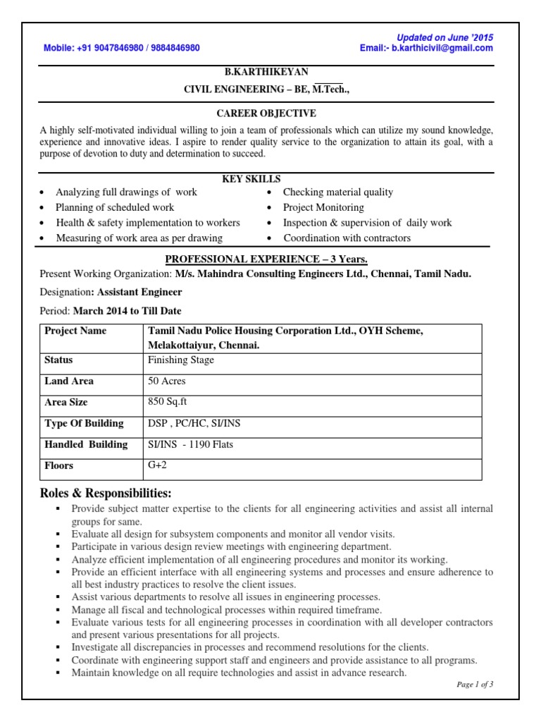 Civil Engineer Resume - B.karthikeyan Be, M.tech | PDF | Tamil Nadu ...