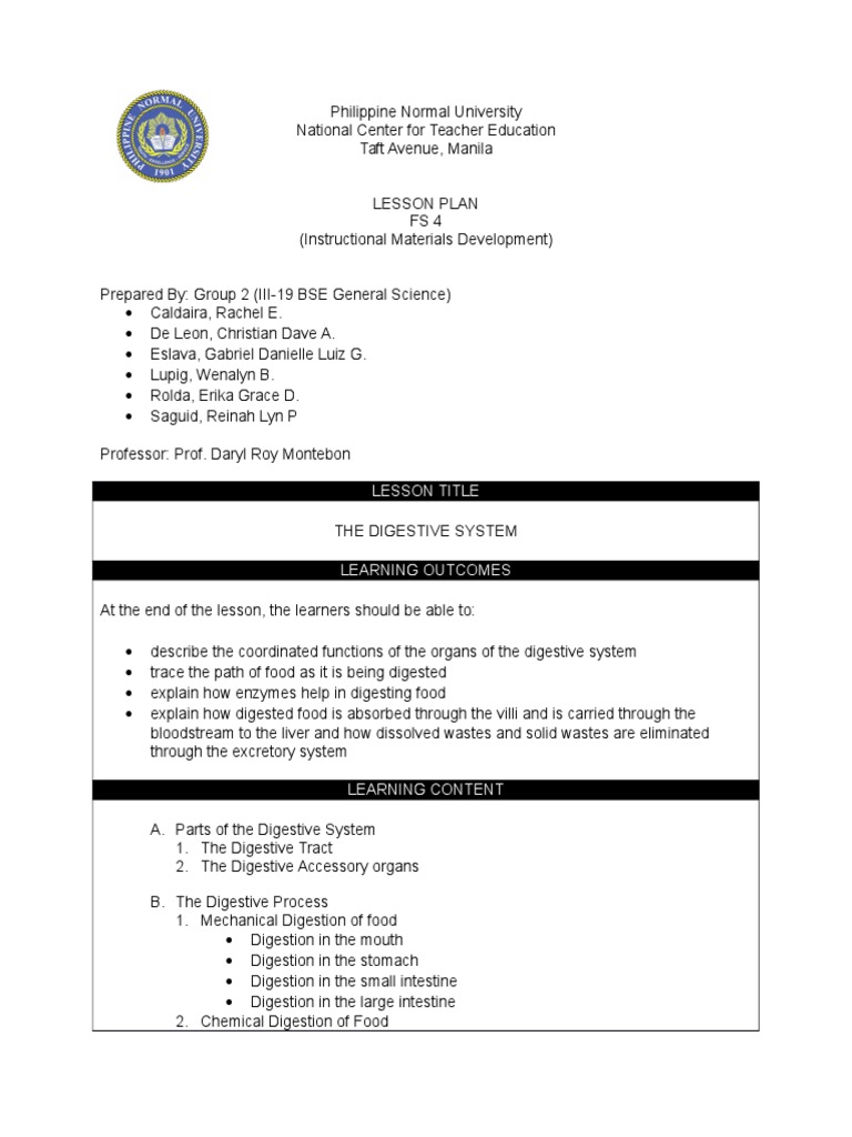 Digestive System Lesson Plan | PDF | Digestion | Human Digestive System