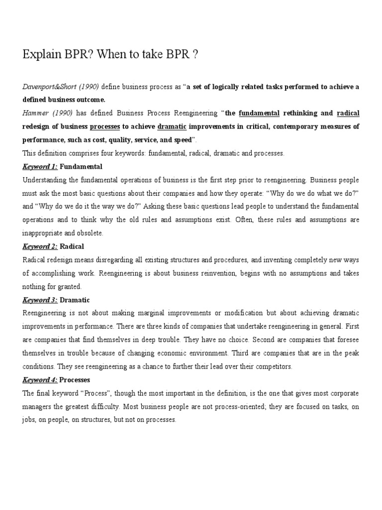 Explain BPR? When To Take BPR ? | PDF | Business Process | Benchmarking