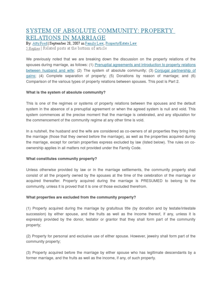 System of Absolute Community | PDF | Marriage | Husband