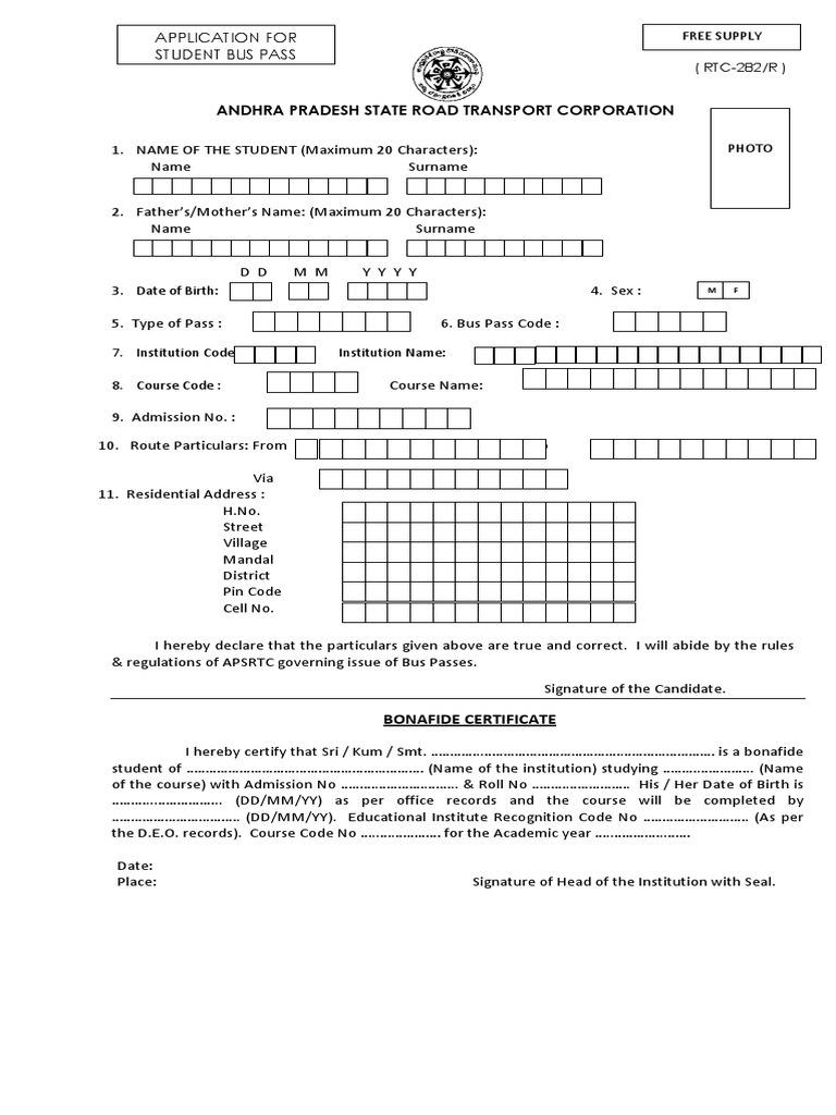 Bus Pass Application Format | Identity Document | Government And ...
