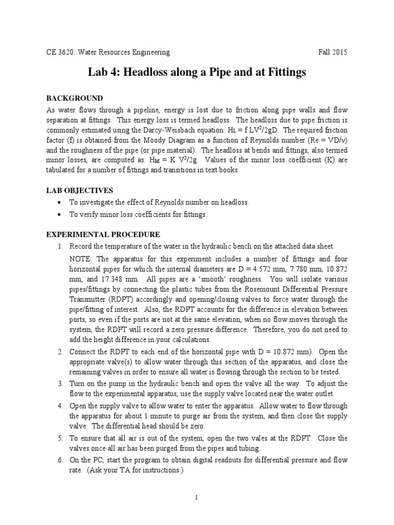 Lab 4-Friction Losses and Minor Losses | PDF | Fluid Dynamics | Mechanics