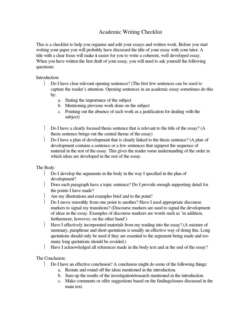 Academic Writing Checklist Guide | PDF | Essays | Verb