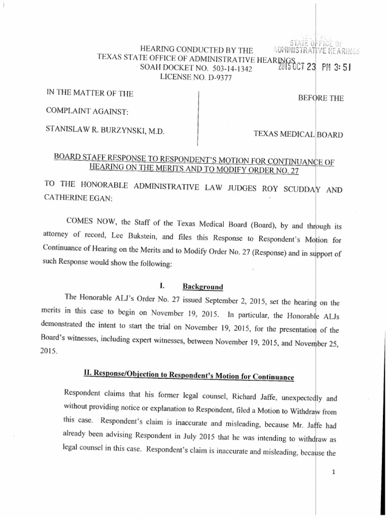 Board Staff Response To Respondent's Motion For Continuance of Hearing ...