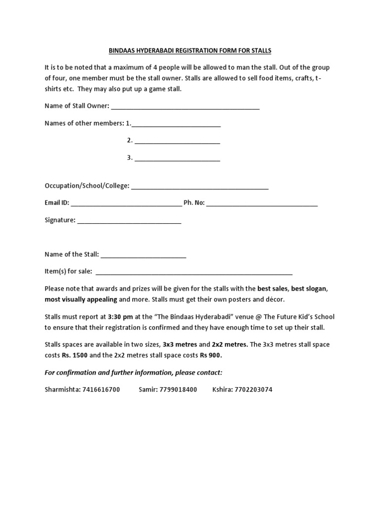 Bindaas Hyderabadi Stall Registration Form | PDF | Social Science