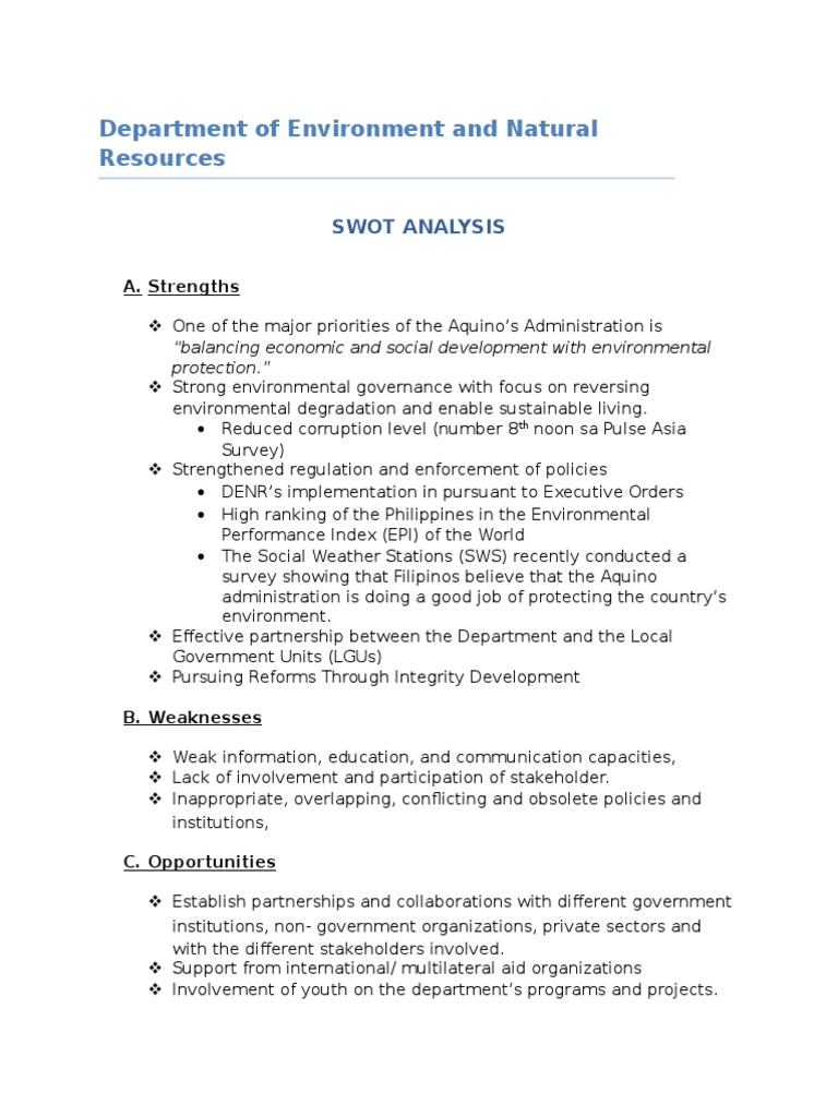 SWOT Analysis - Department of Environment and Natural Resource1 | PDF