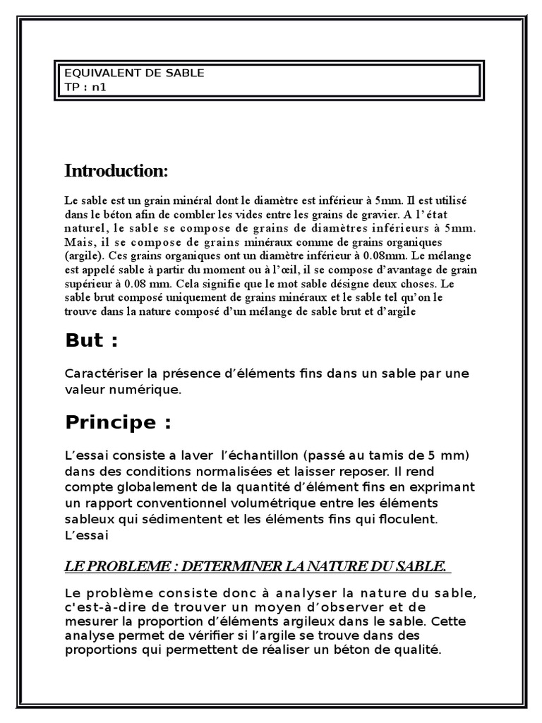 EQUIVALENT DE SABLE TP.docx | Argile | Sable