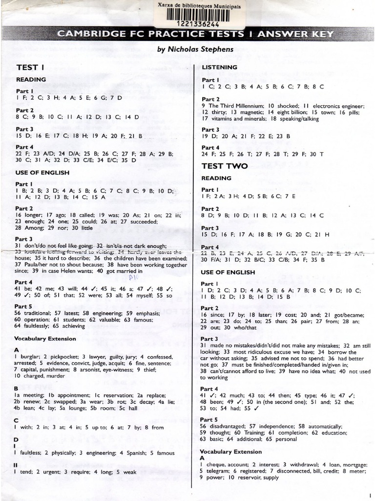 Cambridge Practice Tests Keys | PDF