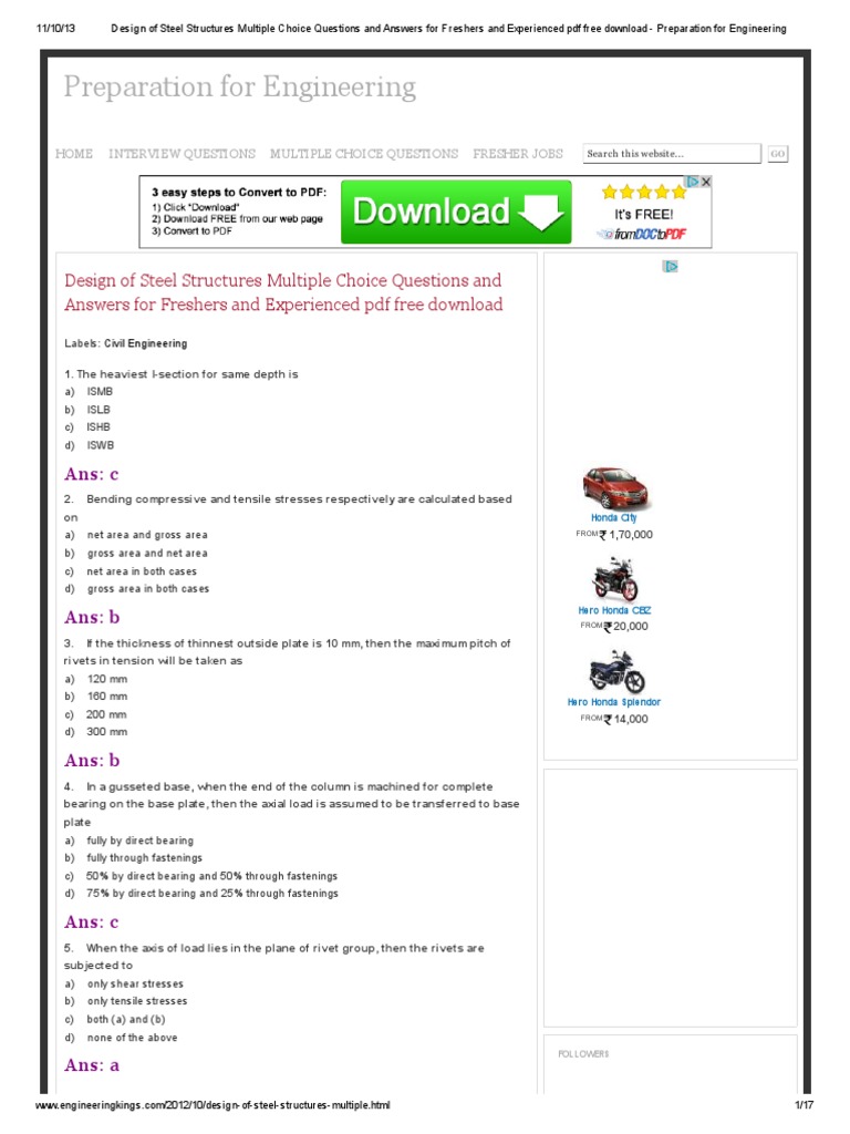 Design of Steel Structures Multiple Choice Questions and Answers For ...