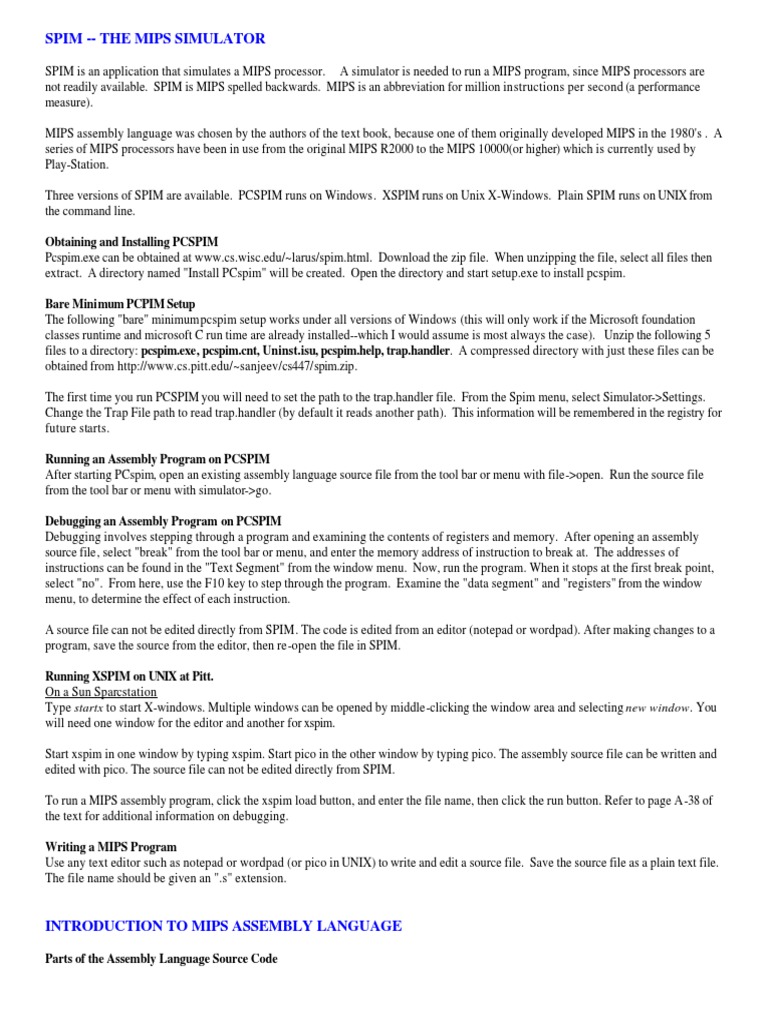 Spim - The Mips Simulator: Obtaining and Installing PCSPIM | PDF | Integer (Computer Science ...