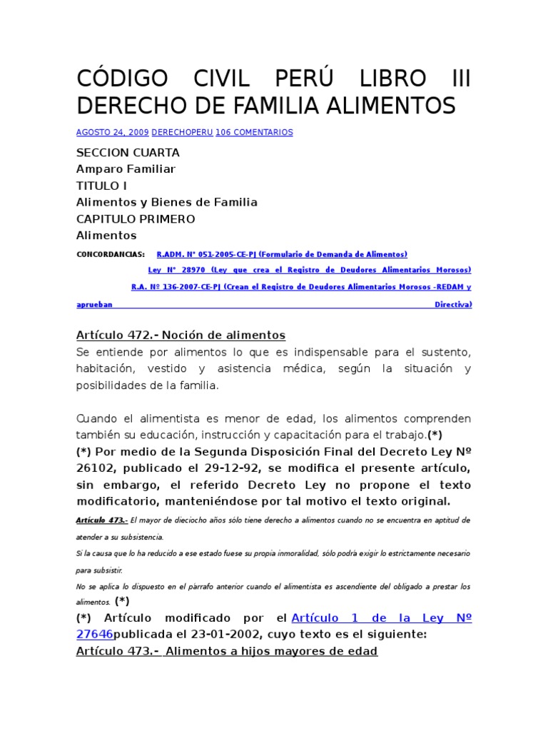 Código Civil Perú Libro III Derecho de Familia Alimentos | PDF ...