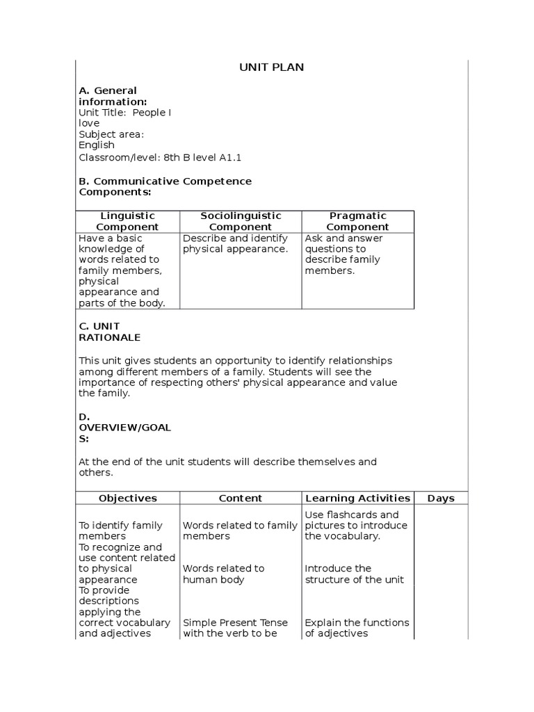 A. General Information:: Unit Plan | PDF | Language Arts & Discipline