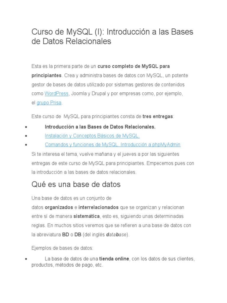 Introducción a las Bases de Datos MySQL.docx | PDF | SQL | Bases de datos