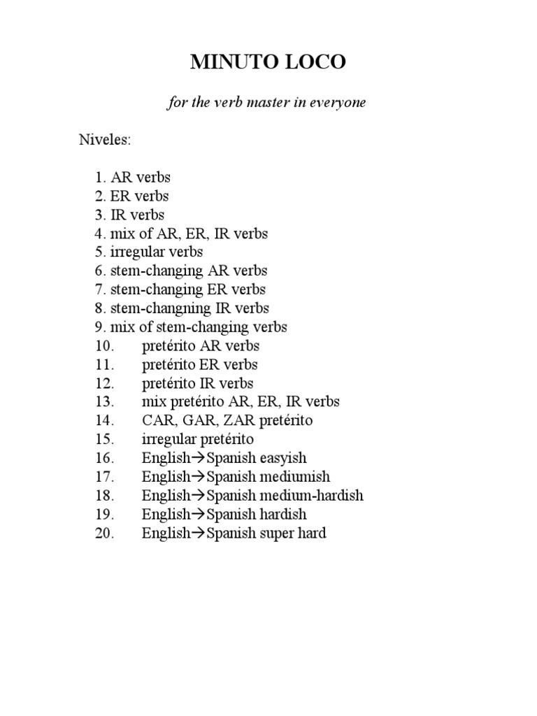 MINUTO LOCO Levels List | PDF | Grammar | Languages