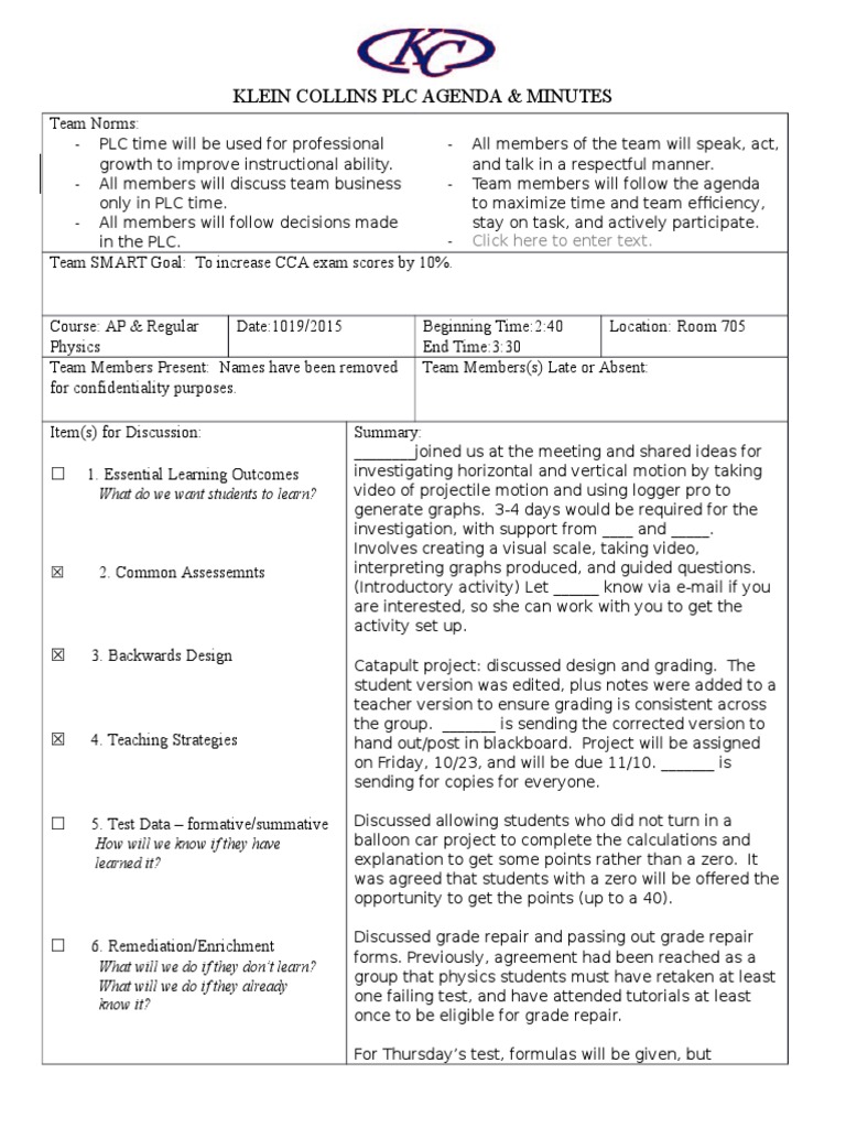 PLC Meeting Minutes | PDF | Test (Assessment) | Applied Psychology