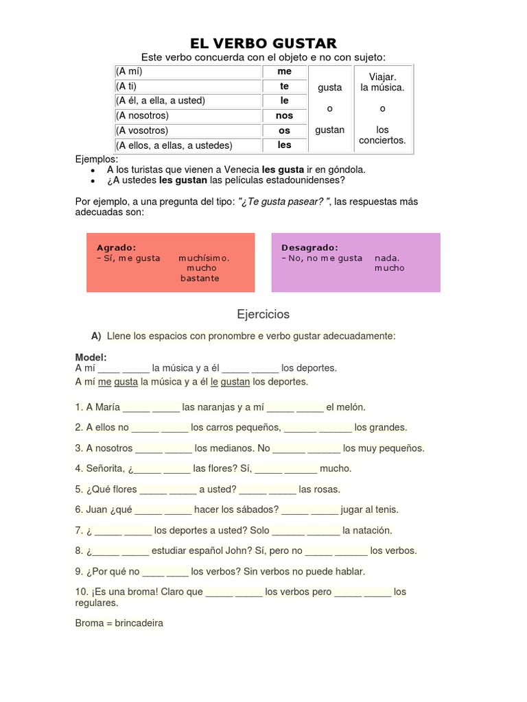 El Verbo Gustar | PDF | Artes del Lenguaje y Comunicación