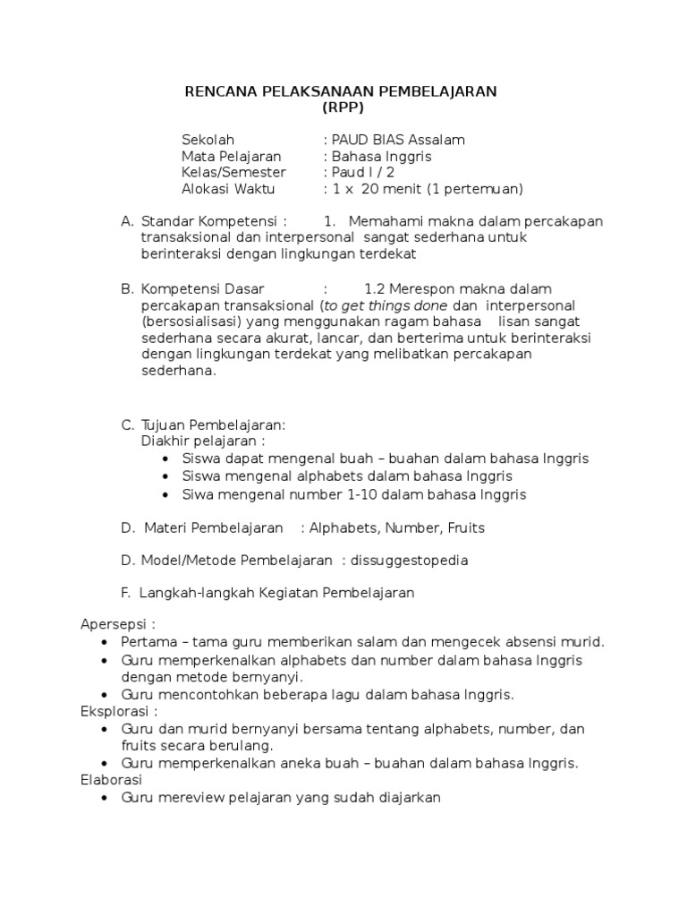 Contoh RPP Paud | PDF