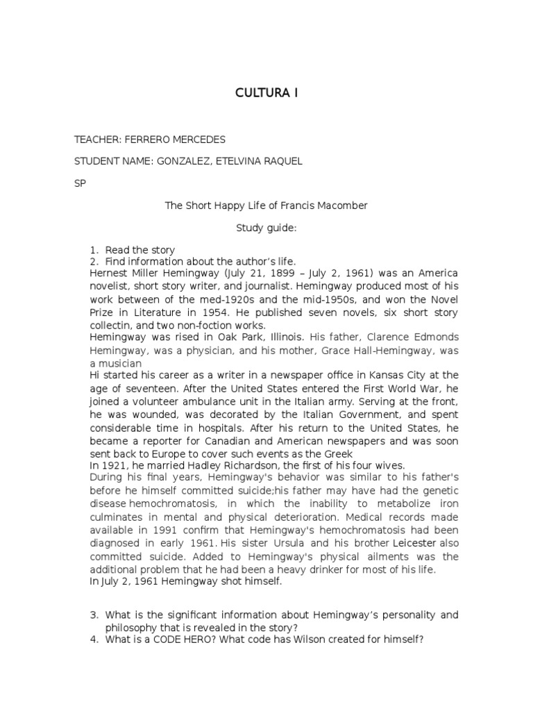 The Short Happy Life of Francis Macomber - Assignment | PDF | Ernest ...