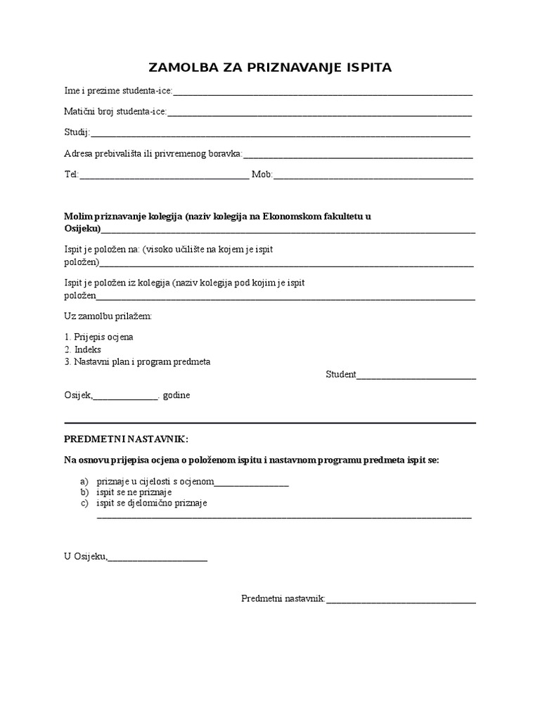 Zamolba Za Priznavanje Ispita | PDF