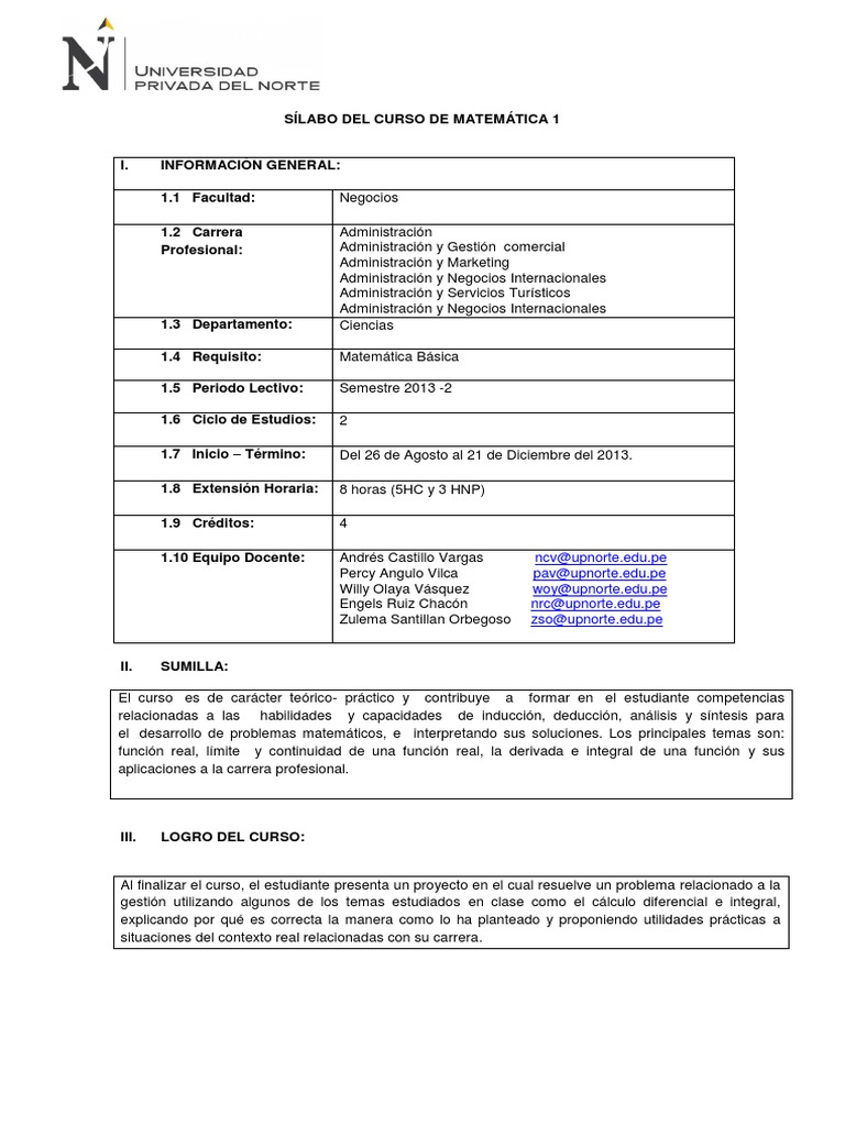 SÍlabo-matemática Negocios UPN | PDF | Integral | Multimedia